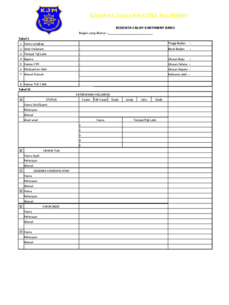 Form Biodata Calon Karyawan KJM | PDF