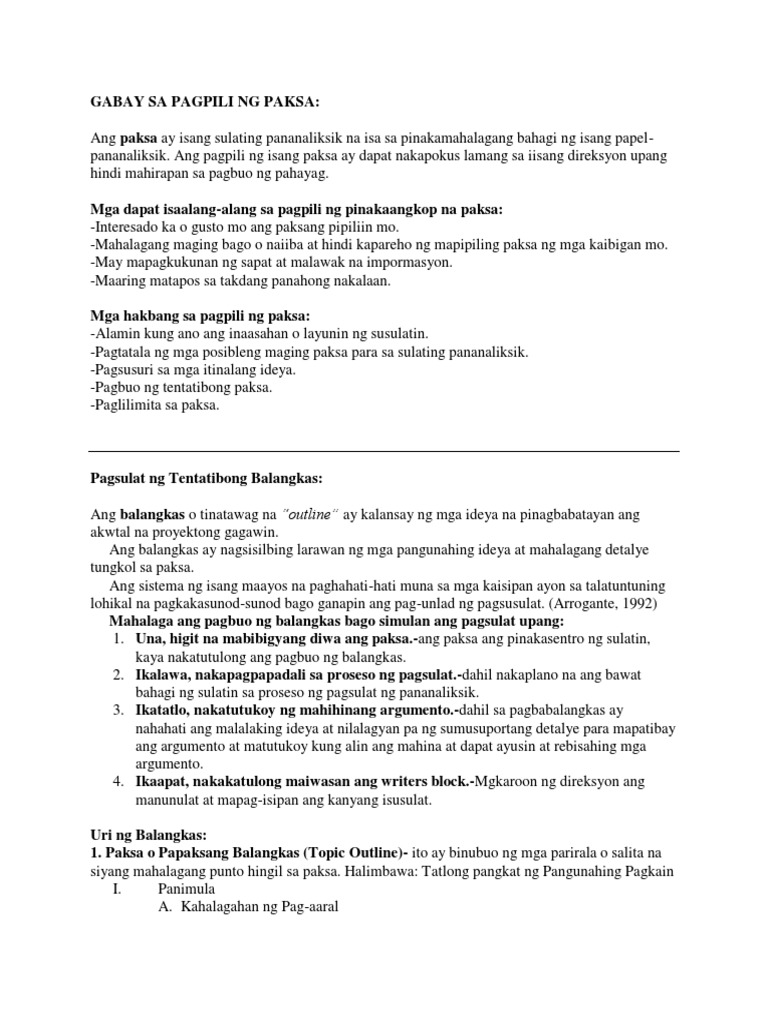 Gabay Sa Pagpili NG Paksa at Pagbuo NG Tentatibong Balangkas | PDF Gabay Sa Pagpili NG Paksa at Pagbuo NG Tentatibong Balangkas | PDF