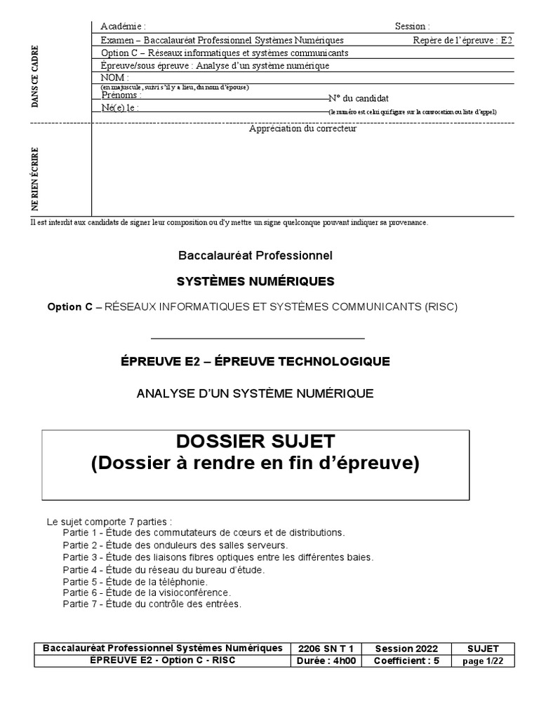 Epreuve E2 Bac Pro SN Juin 2021 Risc Sujet | PDF