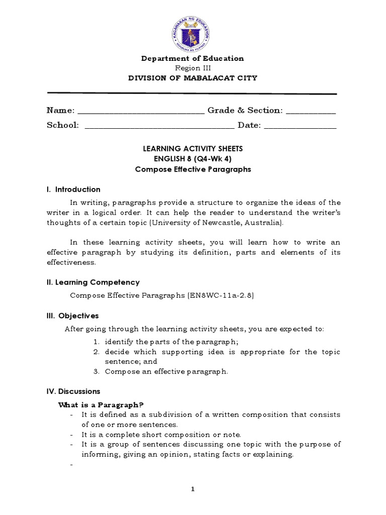 Effective Paragraph Composition Guide | PDF | Learning | Distance Education