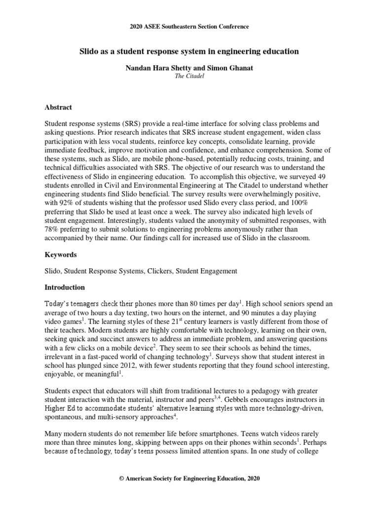Slido As A Student Response System in Engineering Education | PDF | Classroom | Lecture