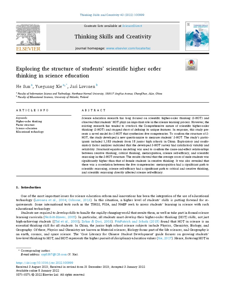Exploring The Structure of Students' Scientific Higher Order Thinking ...