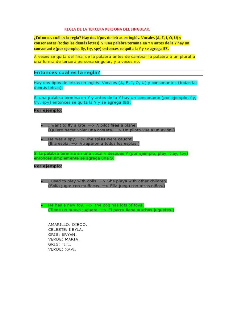 Regla De La Tercera Persona Del Singular 1 Pdf