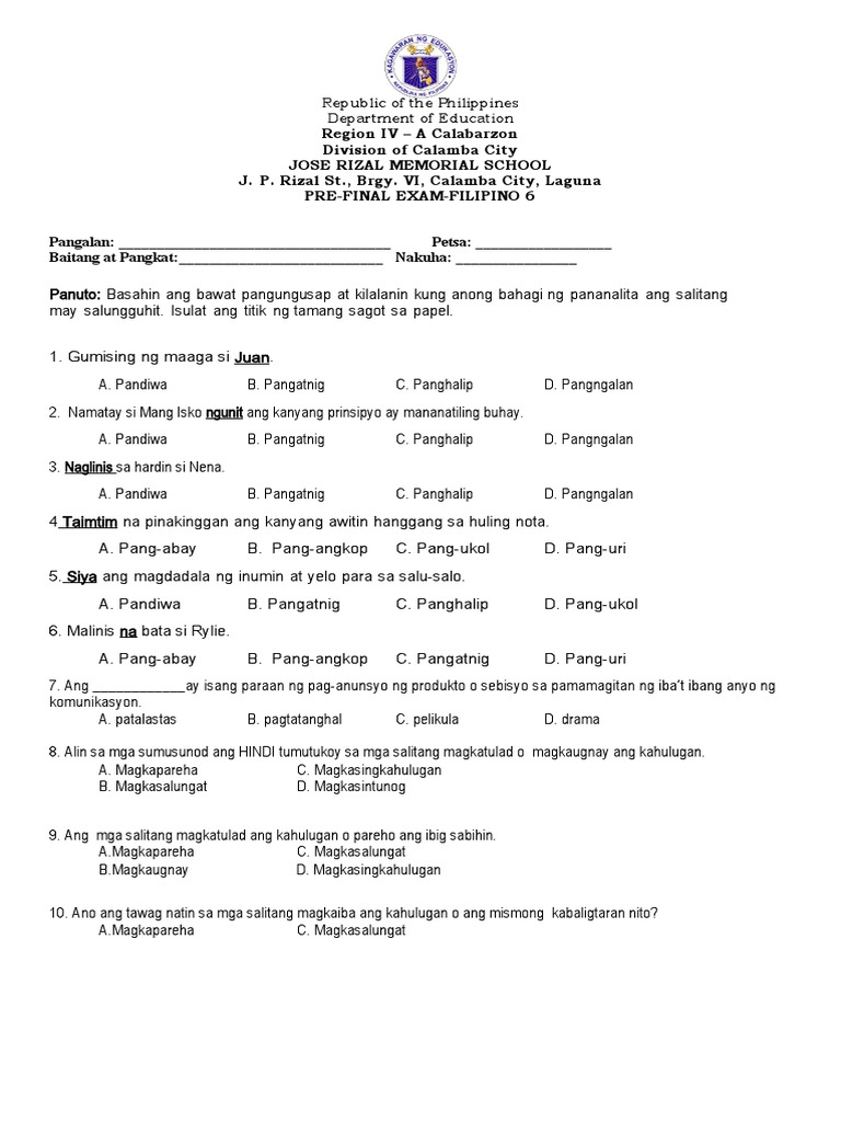 FILIPINO-6 4th Quarter Pre-Finals | PDF