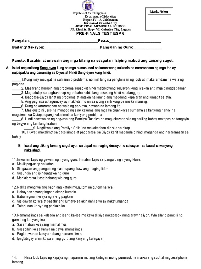 PT - Esp 6 - Q4 Pre Finals | PDF