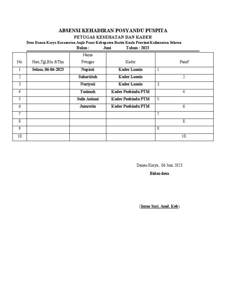 Absensi Kehadiran Kader | PDF
