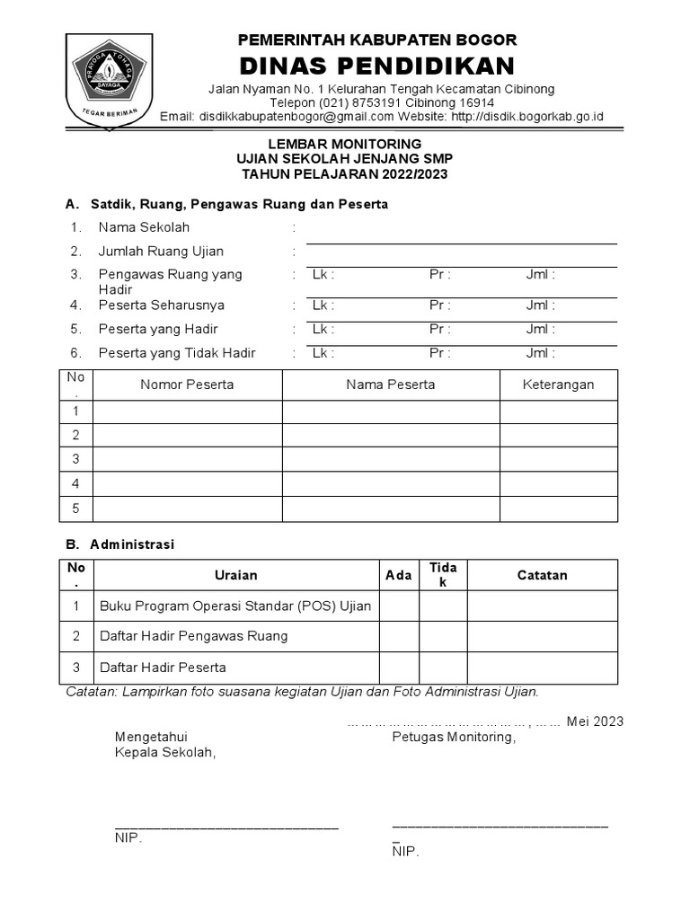 Lembar Monitoring US SMP 2023 | PDF