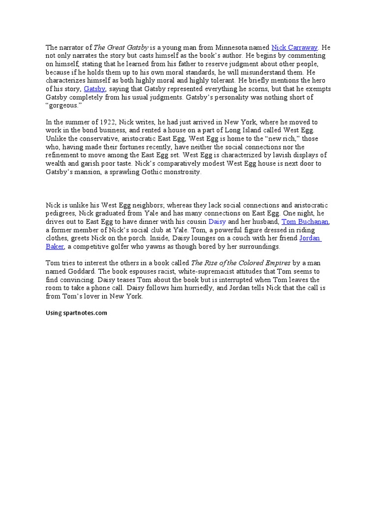 Summary of Greate Gatsby Chapter 1 | PDF