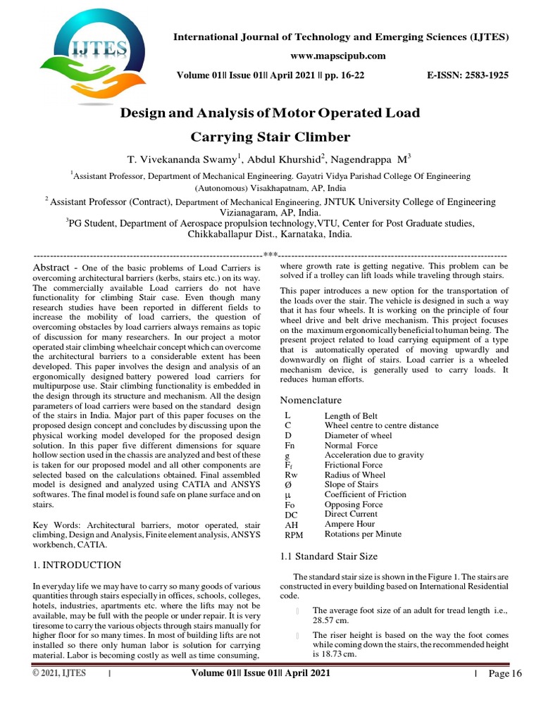 Design and Analysis of Motor Operated Load Carrying Stair Climber | PDF