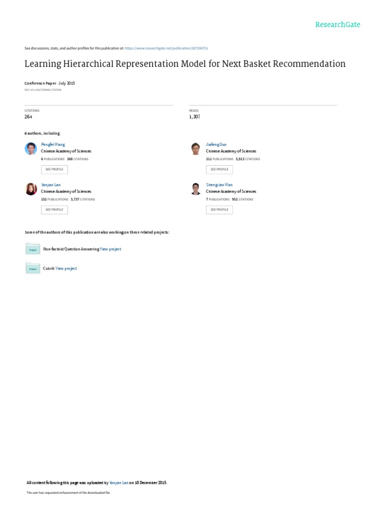 2015-Learning Hierarchical Representation Model For Next Basket Recommendation | PDF ...