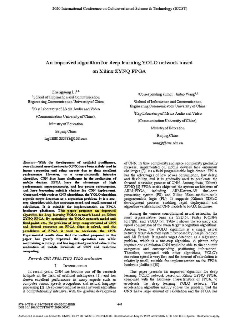 8_An improved algorithm for deep learning YOLO network based on Xilinx ZYNQ FPGA | PDF