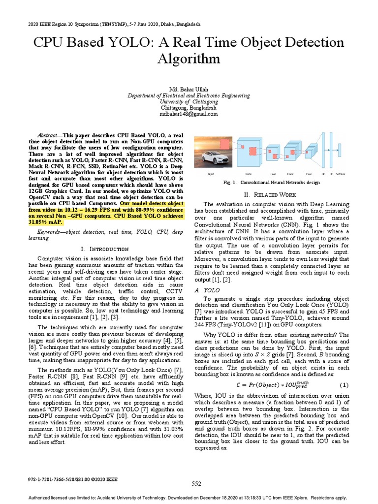 10 - CPU Based YOLO A Real Time Object Detection Algorithm | PDF | Deep Learning | Computing