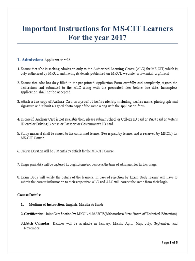 Important Instructions To MS-CIT Learners For Year 2017 Revised ...