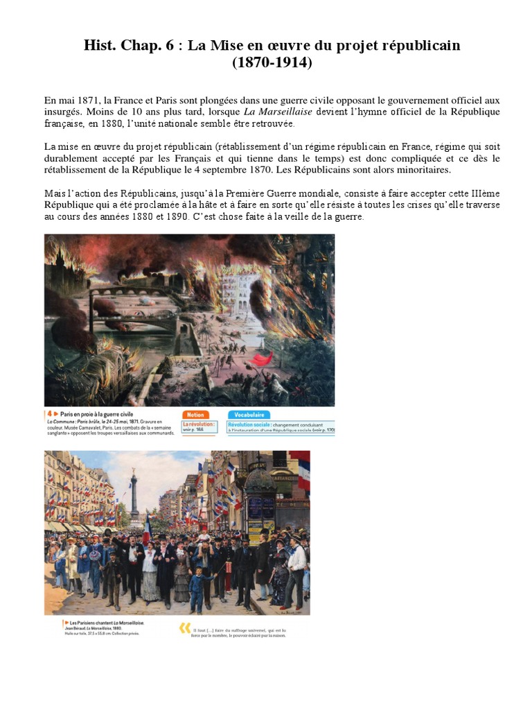 1TC Hist Chap 6 Projet républicain I et II A compléter | PDF