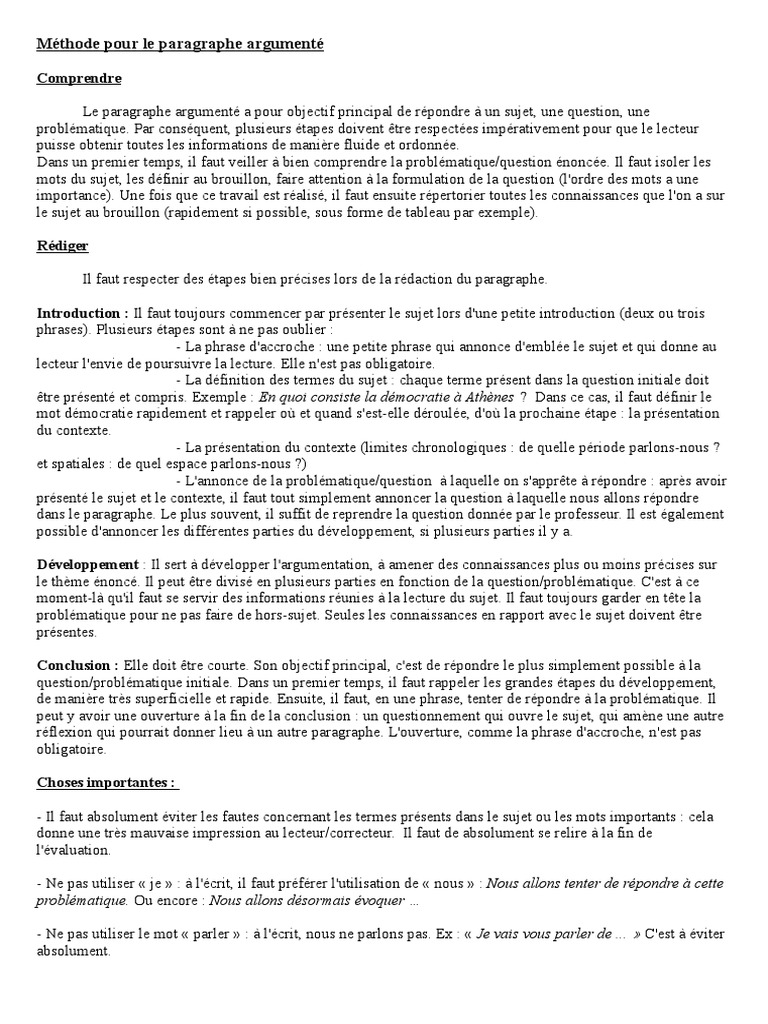 Fiche Méthode Paragraphe Argumenté | PDF | Sujet (Grammaire)