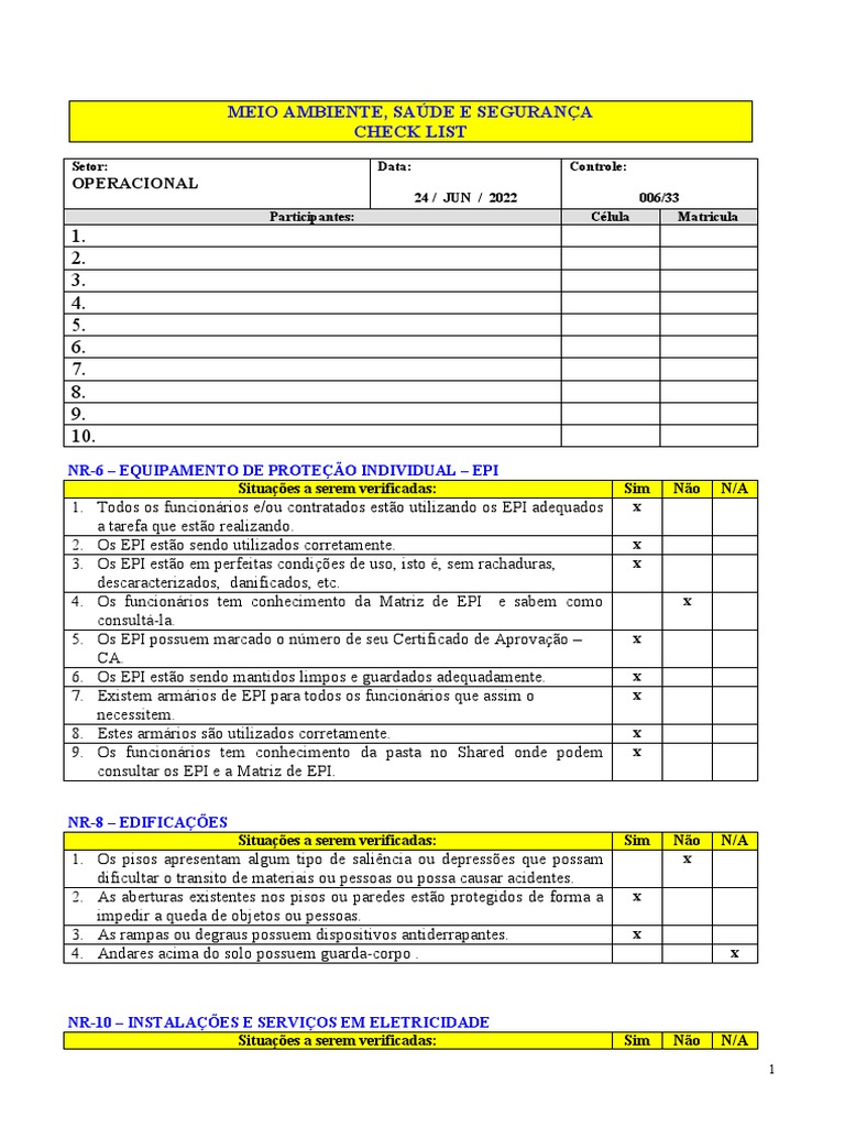 check list da CIPA | PDF | Fatores humanos e Ergonomia