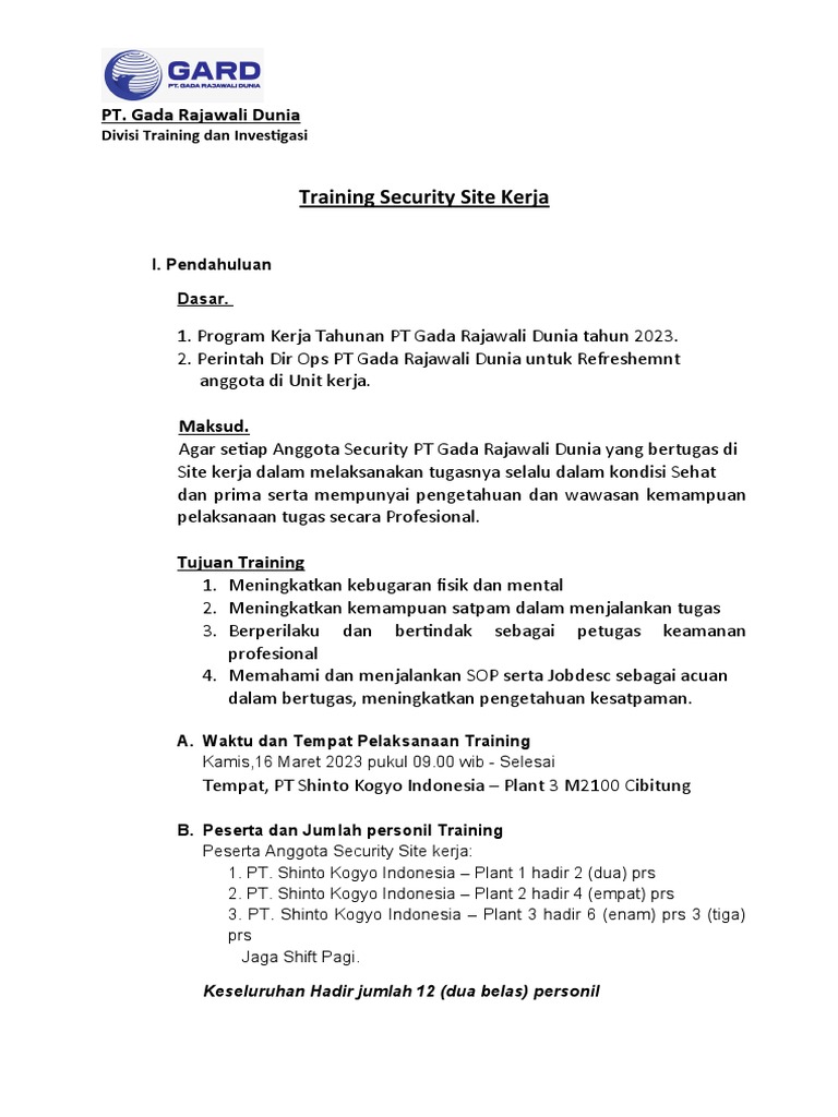 Lap Gait Training Unit Kerja Wil BKS PT SHINTO KOGYO 16 Maret 2023 | PDF
