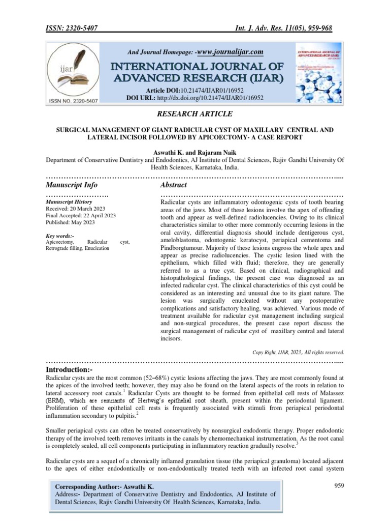 Surgical Management of Giant Radicular Cyst of Maxillary Central and ...