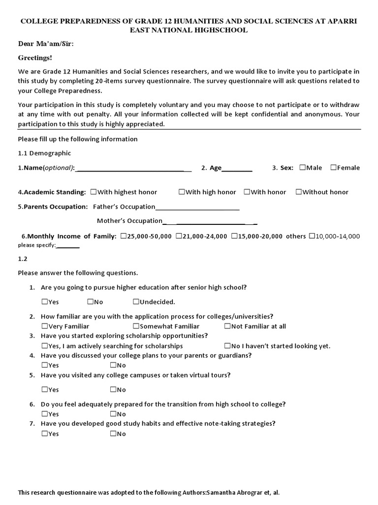 College Preparedness SURVEY QUESTIONNAIRE | PDF | Behavior Modification ...