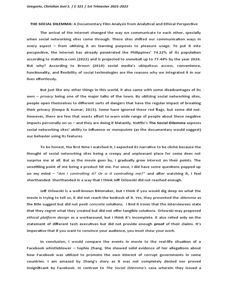 Analyzing "The Social Dilemma" Documentary | PDF | Social Networking ...