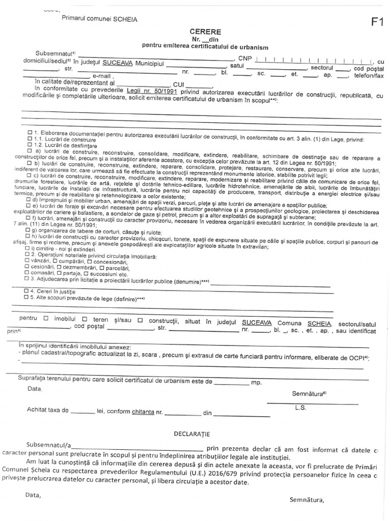 cerere urbanism primaria Scheia Suceava | PDF