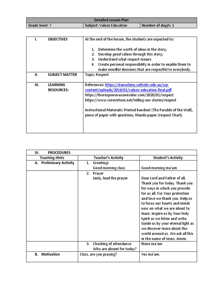 Detailed Lesson Plan in Values Education | PDF | Prayer | Lesson Plan