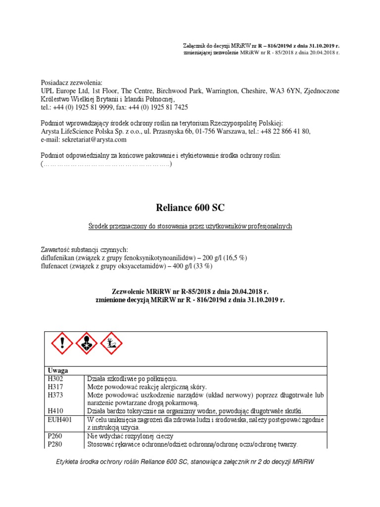 Eticheta - Reliance 600 SC - PL - Produs de Origine - Bun | PDF