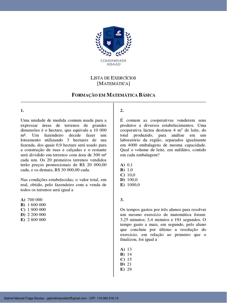 Lista de Exercícios - Matemática Básica | PDF