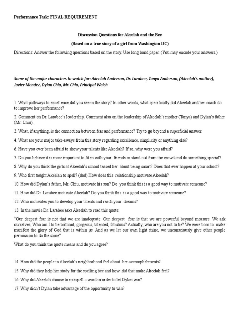Akeelah and the Bee: Discussion Questions | PDF | Wellness