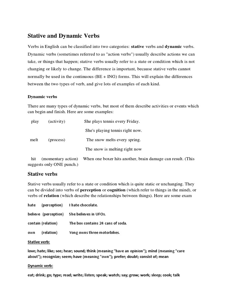 Stative vs. Dynamic Verbs Guide | PDF