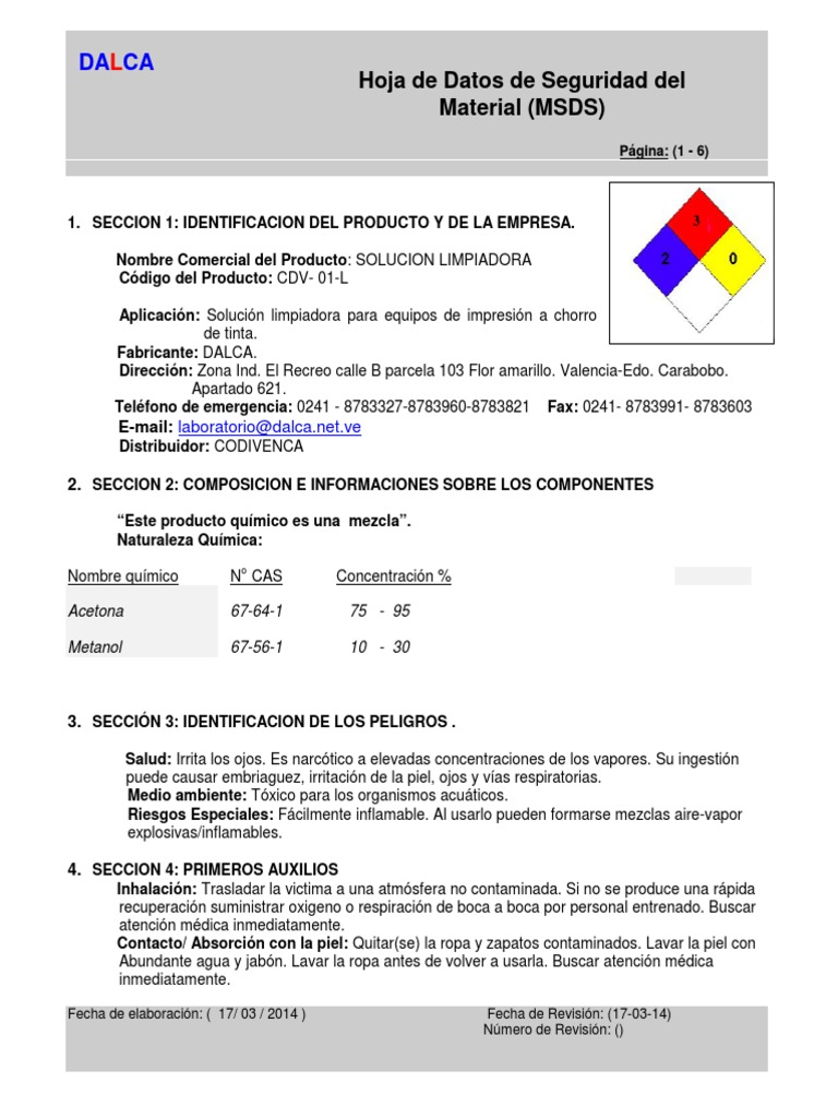 FICHA TÉCNICA - MSDS CDV-01-L SOLUCION LIMPIADORA Rev 29-05-2014 | PDF ...