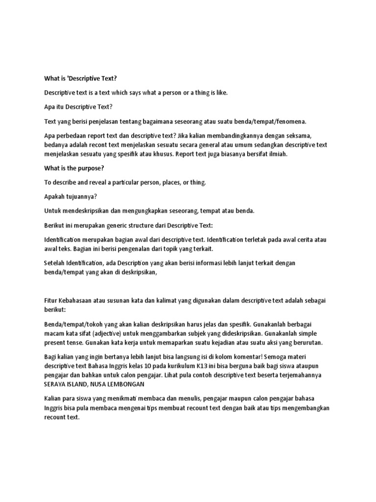 Materi KD 3.4 Descriptive Text | PDF | Seni & Disiplin Bahasa | Kajian ...