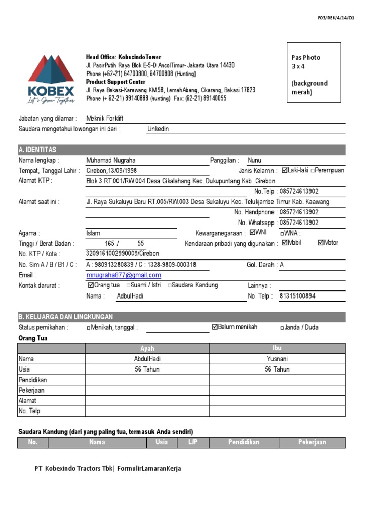 Application Form PT. Kobexindo Tractors, TBK | PDF