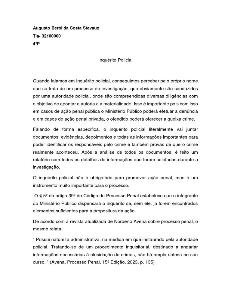 Inquérito Policial | PDF | Procedimento criminal | Polícia