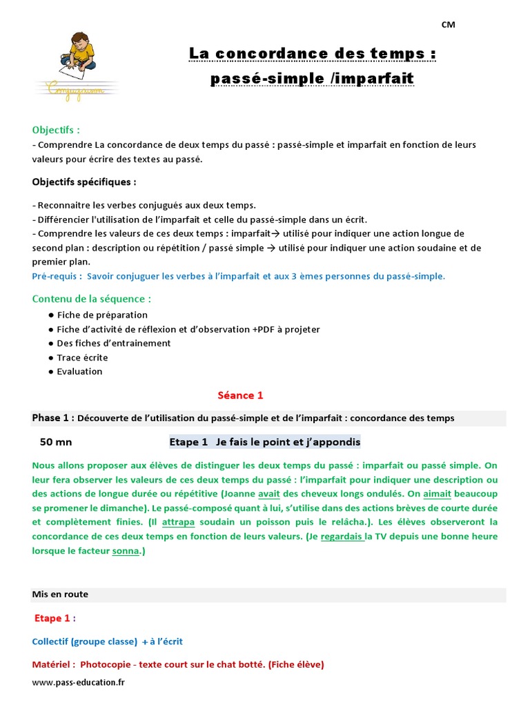 Fiche de Preparation La Concordance Des Temps Passe Simple Et Imparfait 5eme Primaire PDF | PDF ...