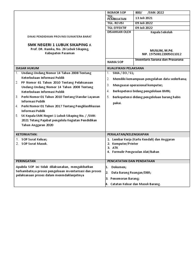 SOP Inventaris Sarana dan Prasarana 2023 | PDF