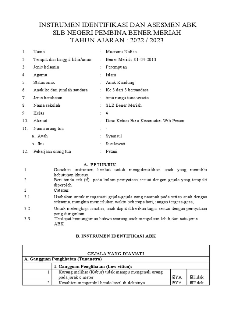 Instrumen Identifikasi Dan Asesmen Abk SLB Negeri Pembina Bener Meriah | PDF