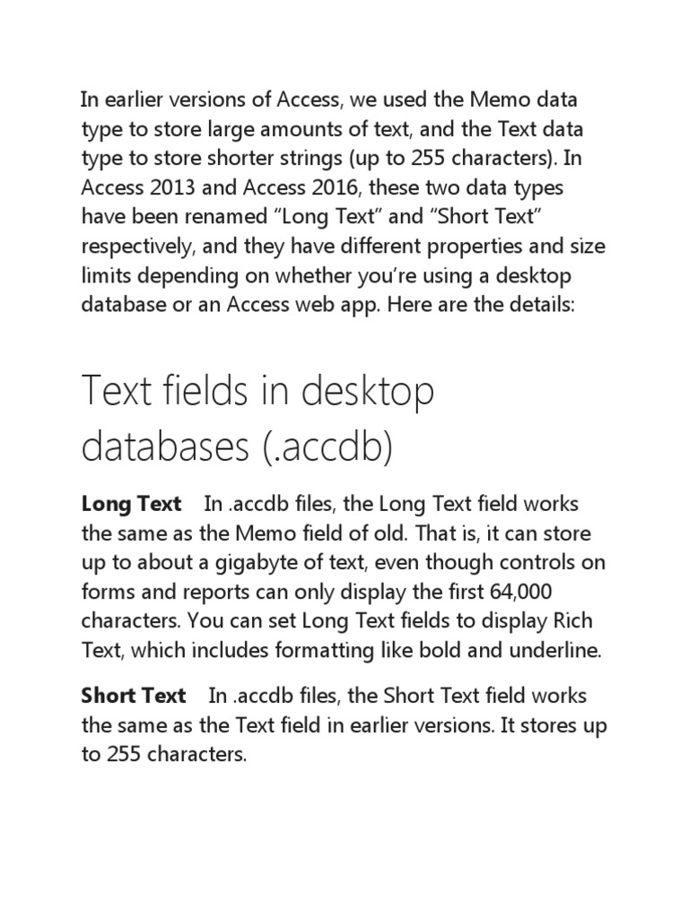 Text Fields in Desktop Databases (.Accdb) | PDF
