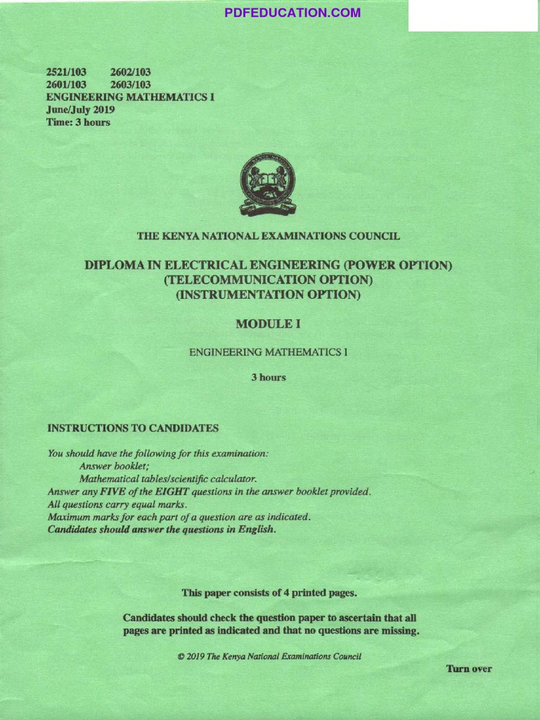 Engineering Mathematics I Past Papers July 2019 | PDF