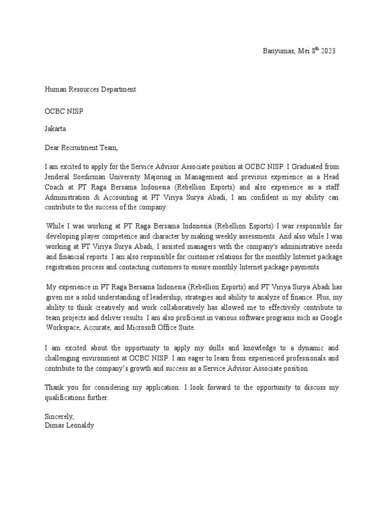 Cover Letter OCBC NISP - Dimas Leonaldy | PDF