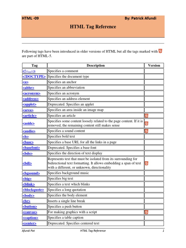 HTML-09 - HTML Tag Reference | PDF | Html Element | Html