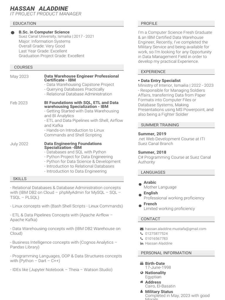 Hassan Aladdine - IT PROJECT PRODUCT MANAGER | PDF | Ibm Db2 | Databases