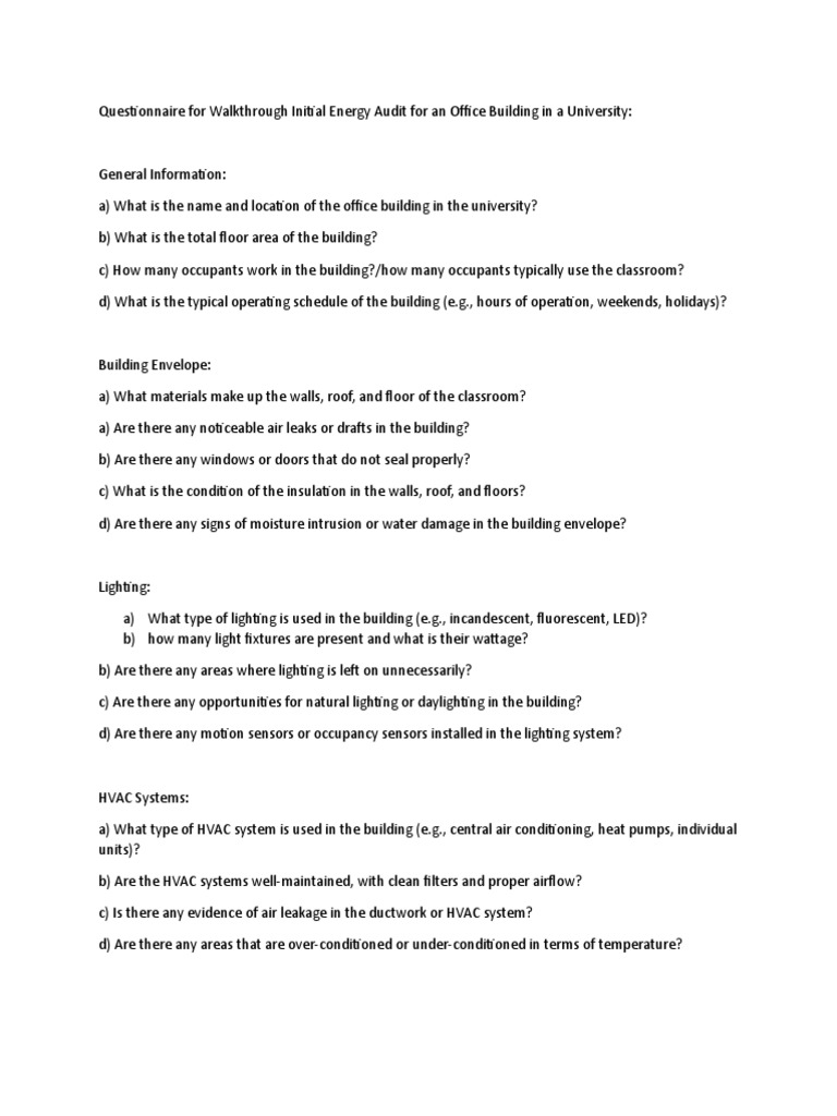 Questionnaire For Walkthrough Initial Energy Audit For An Office ...