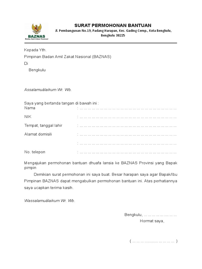 Surat Permohonan Bantuan Baznas | PDF