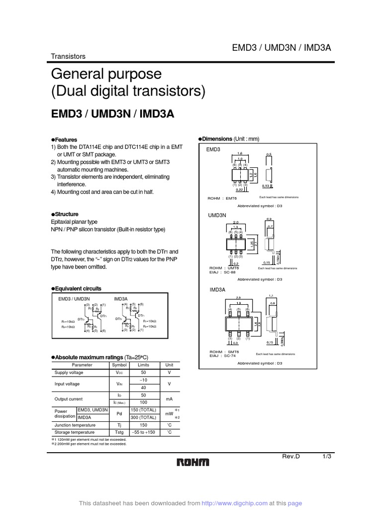 Dual Digital Transistor SMD NPN PNP 6 Chan Imd3at108 | PDF | Bipolar ...