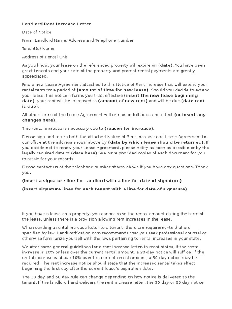 Landlord Rental Increase Letter | PDF | Lease | Leasehold Estate