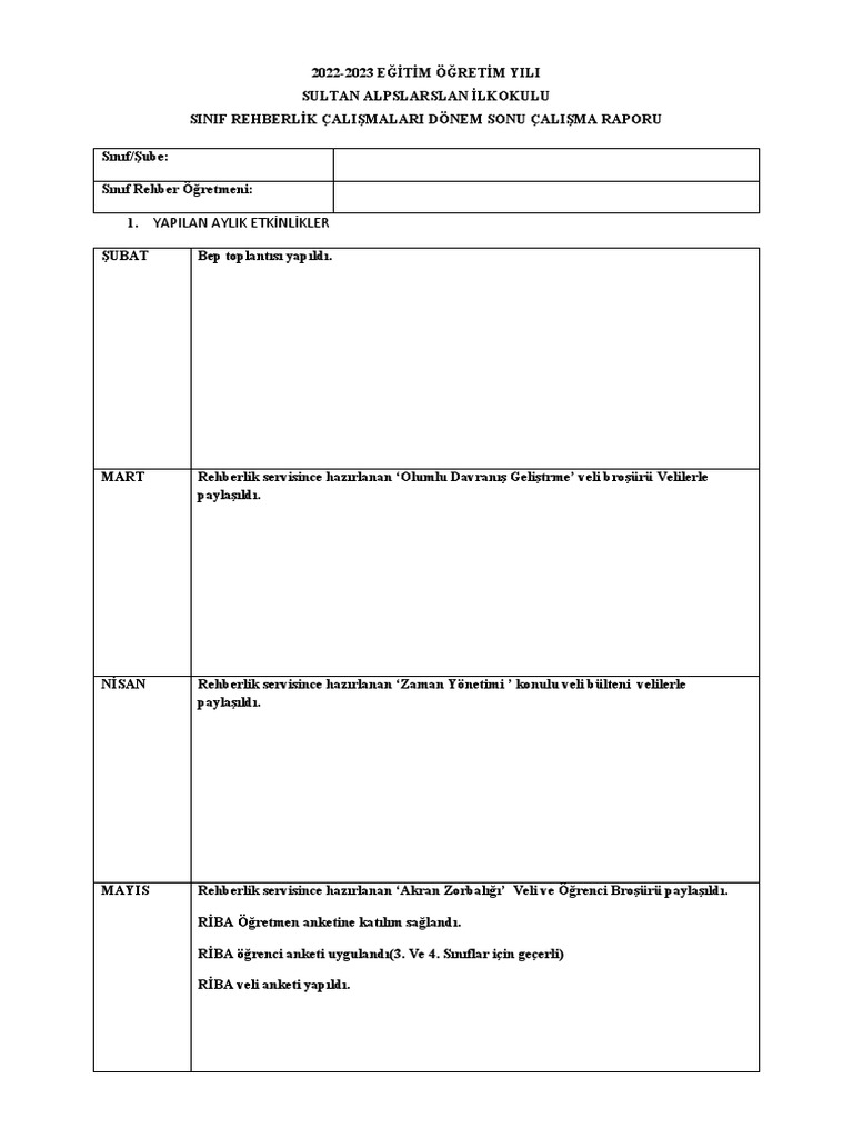 Dönem Sonu Faaliyet Raporu (2.DÖNEM) | PDF