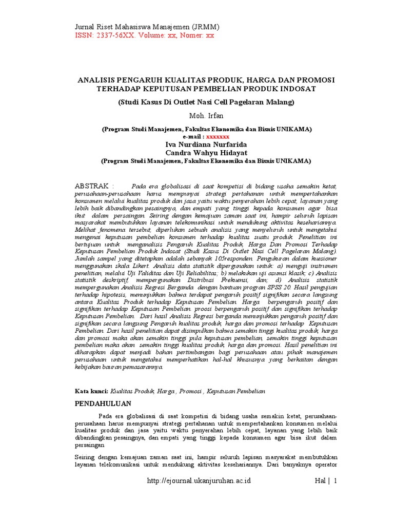 Analisis Pengaruh Kualitas Produk, Harga Dan Promosi Terhadap Keputusan Pembelian Produk Indosat ...