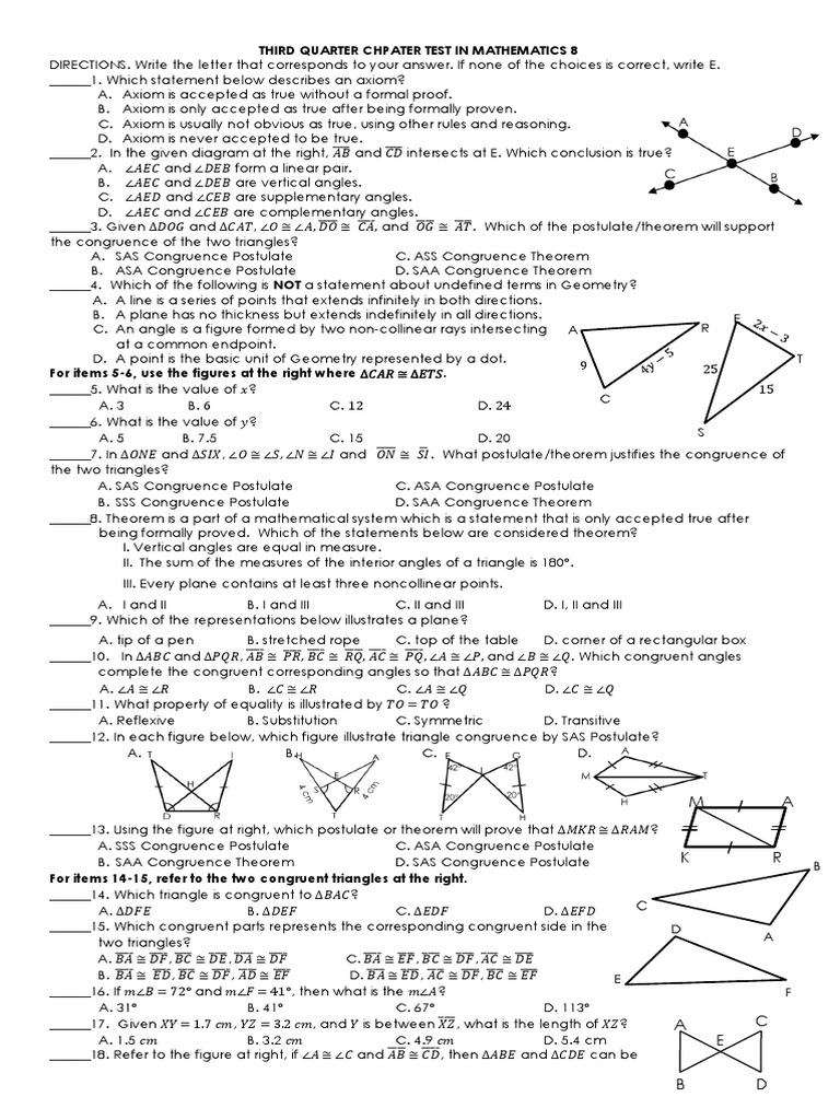 Third Quarter Chpater Test in Mematics 81 | PDF | Geometry | Euclidean ...