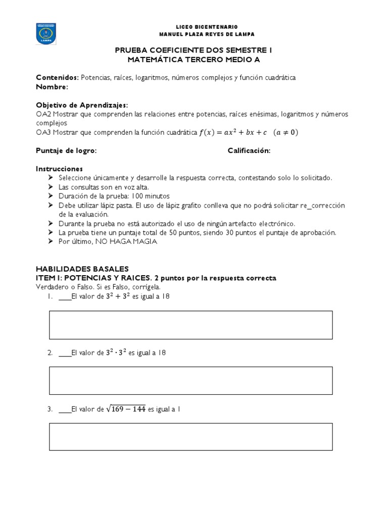 Prueba Matemáticas Tercero Medio A | PDF | Logaritmo | Álgebra abstracta